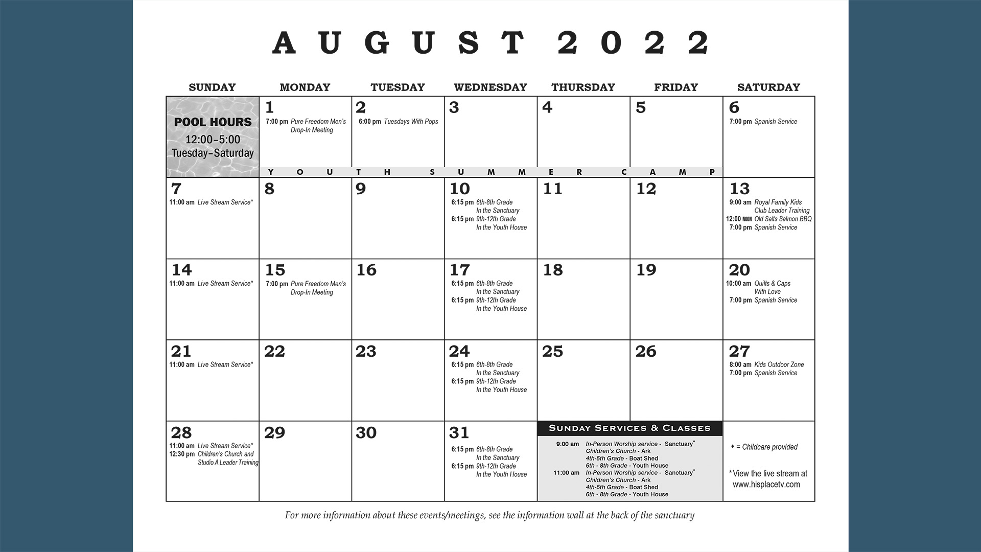 August 2022 Calendar - His Place Community Church