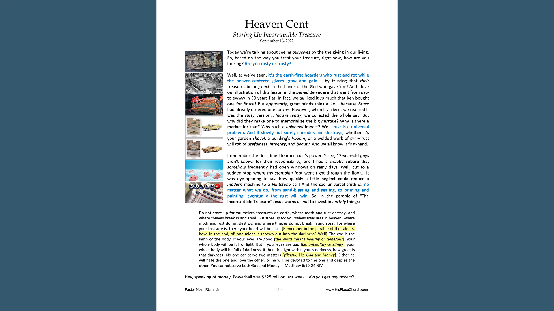 Heaven Cent: Storing Up Incorruptible Treasure - His Place Community Church